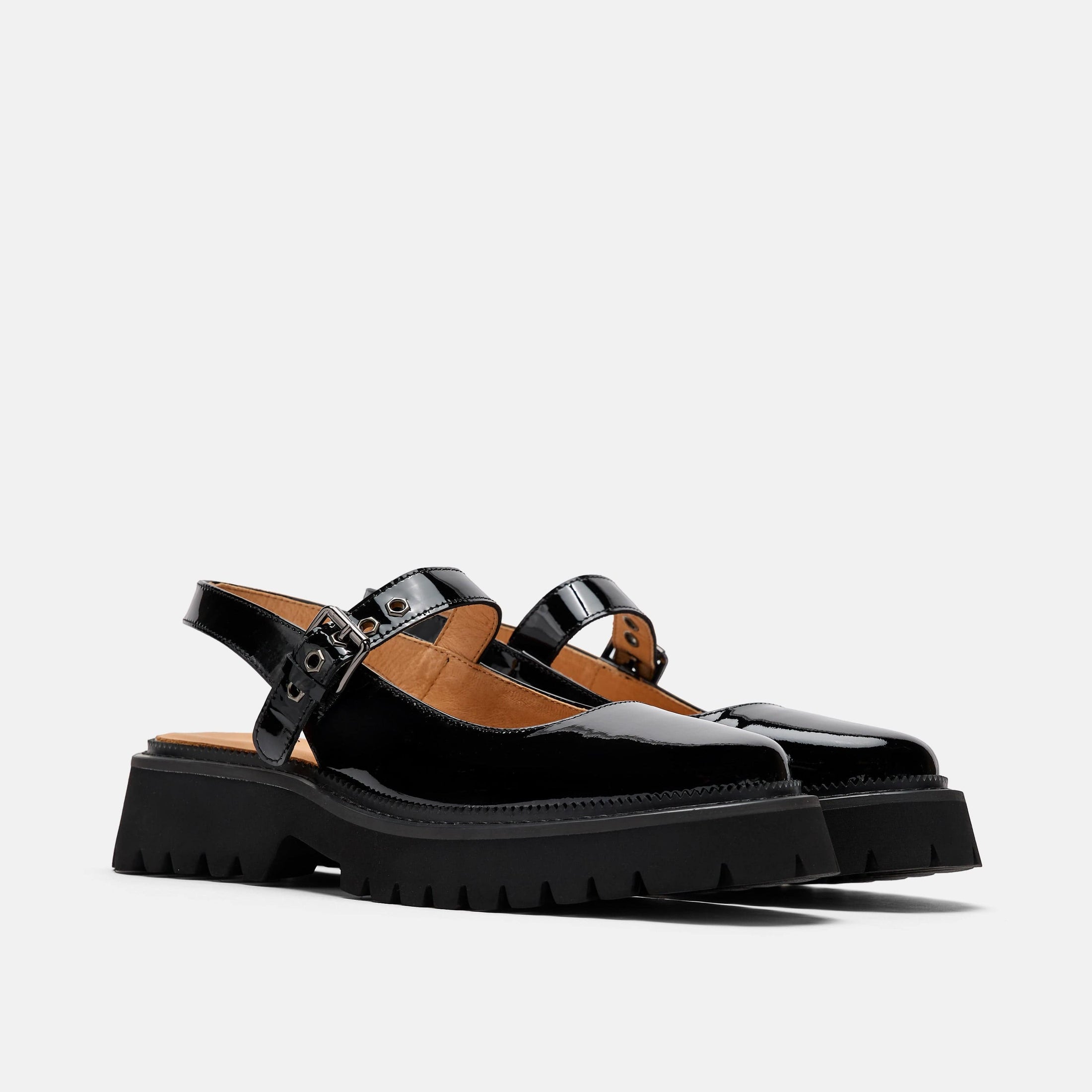 Luna Black Patent Leather Mary Jane Lug Slingbacks