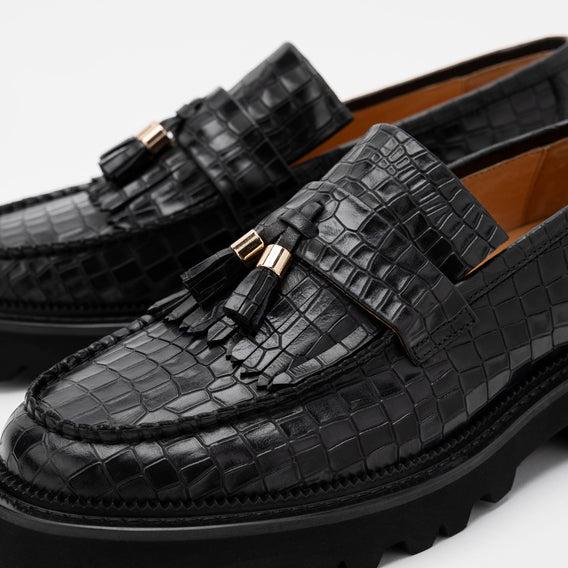 Journey Black Croc Leather Lug Tassel Loafer