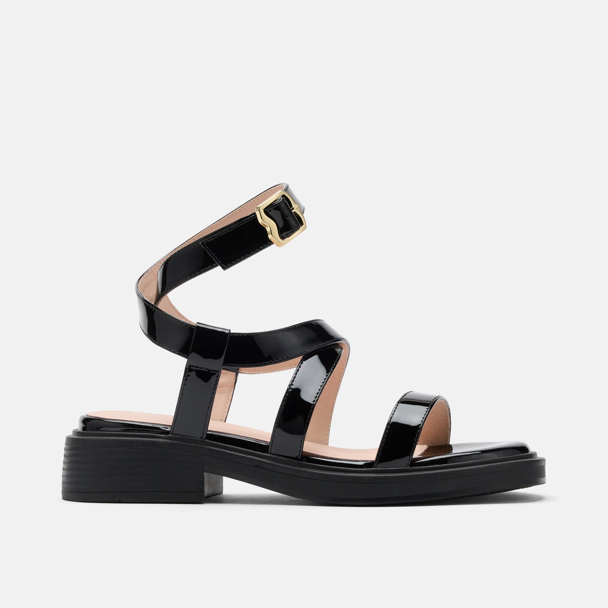 Adriana Black Patent Strappy Block Heel Sandal