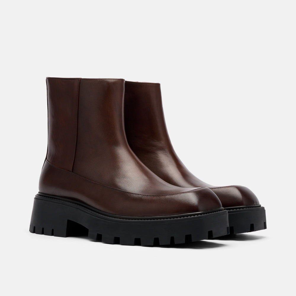 Commander Brown Burnished Leather Square Toe Side Zip Boots