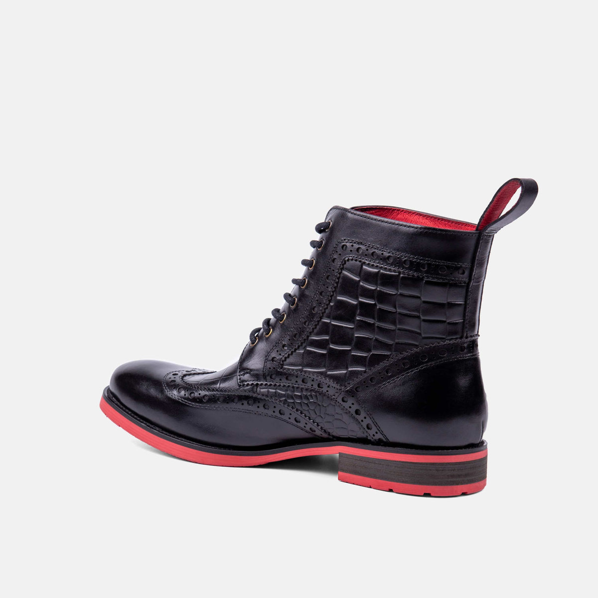 Belmont Black Crocskin Leather Wingtip Combat Boots - Marc Nolan